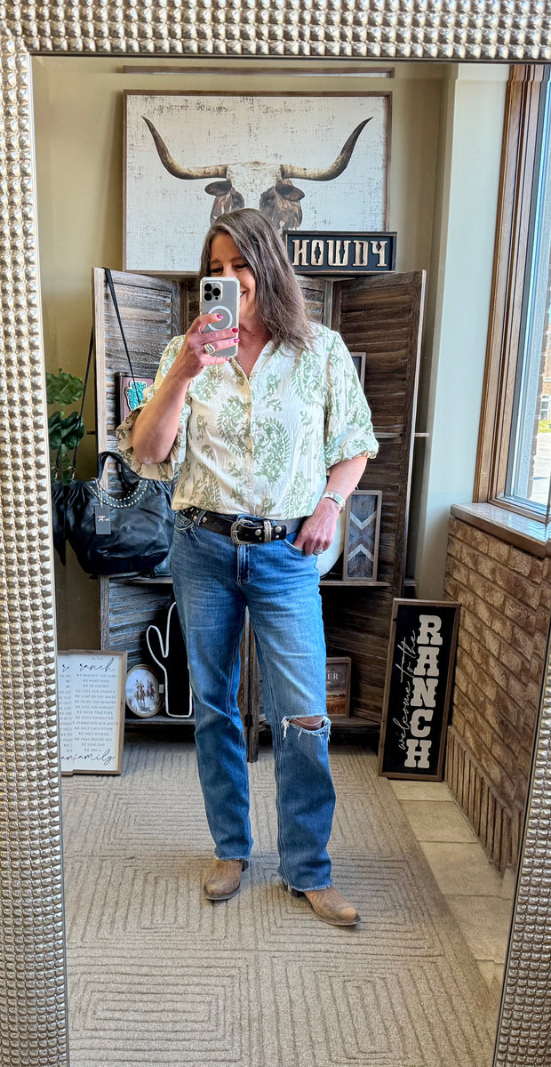 Sage Print 3/4 Balloon Sleeve Shirt - SML – Seven Songbirds Boutique